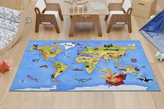 Felix Kinderteppich Hase Weltkarte blau, Farbe:blau, Größe:100x160cm