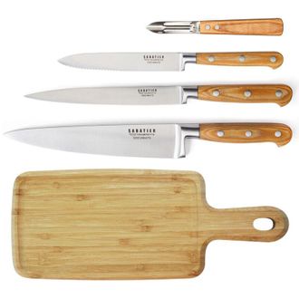 Sabatier Trompette Essentiel - Planche &agrave; d&eacute;couper, 3 couteaux de cuisine et 1 &eacute;plucheur