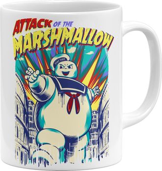 OM3 Ghost Marshmallow Attack Kaffee-Tasse mit Retro Motiv - Comic Style - Keramik Becher - 325ml - Beidseitig Bedruckt - Weiss