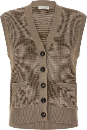 Brunello Cucinelli Femme, Pulls, Brun, Taille: 40 FR Gilet &Eacute;tincelant en Coton