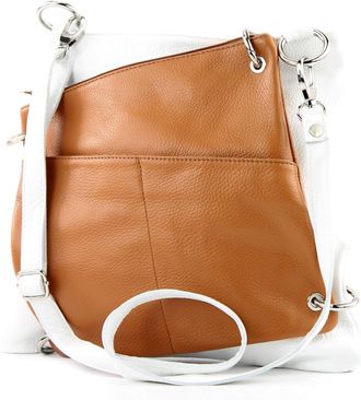 modamoda.de T140 - ital Messengertasche Umhängetasche 2in1 Leder, Farbe:Weiß/Camel