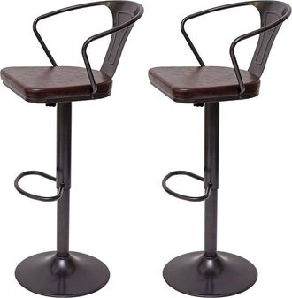 Hhg 2x Tabouret de bar 443b,réglable en hauteur,avec accoudoirs,pivotant,style industriel, vintage noir-marron