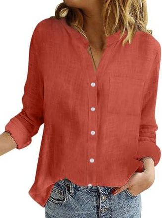 Onsoyours Chemise Lin Femme Printemps Eté Chemisier Coton Et Lin pour Femmes Col en V Bouton Manches Longues Tops Couleur Unie LâChe Respirant T-Shirts A Rouge 