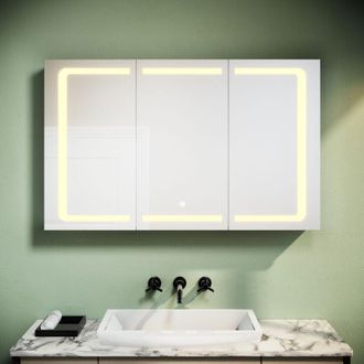 Sonni Spiegelschrank mit LED Beleuchtung 90x65cm Badspiegel Touch Steckdose Edelstahl Kabelloses Scharnier Design, 3 Lichtfarben Dimmbar Dreit&uuml;riger