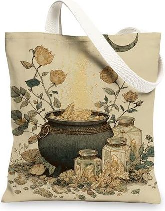 Generic Sacs fourre-tout en toile botanique, sacs de courses réutilisables, légers et lavables avec bandoulière, beige, 13x15 Inch