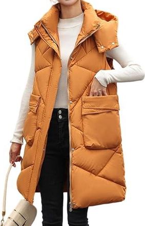 Generic Gilet chaud sans manches long pour femme, doudoune &agrave; capuche amovible, matelass&eacute;, fermeture &eacute;clair et boutons pression, coupe trap&egrave;ze, couleur caramel