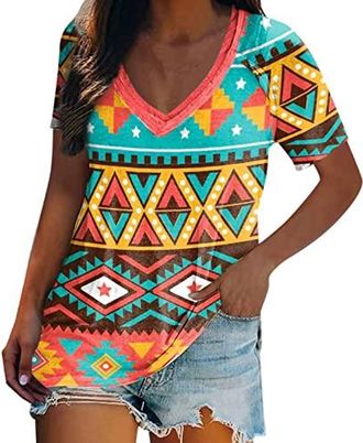 Janly T-shirts surdimensionn&eacute;s pour femmes T-shirt avec col en V Western Aztec Impression ethnique pour les loisirs Style d&eacute;t&eacute; Fille T-shirt dr&ocirc;le T-shirts 