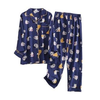 Generic Ensemble chemise de nuit en flanelle pour femme - Style dessin anim&eacute; - Pantalon &agrave; manches longues, noir fonc&eacute;, XL