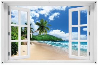 Wallario Outdoor-Poster f&uuml;r Garten oder Balkon Urlaub auf den Seychellen unter Palmen am Sandstrand, Motivbanner Gr&ouml;&szlig;e: ca. 60 x 90 cm mit Fenster-Illusion