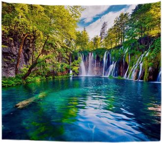 A.Monamour Wanddekor Wandteppiche Sonnen Durch Gr&uuml;nen Wald Tress Wasserfall Berg Blau See Wasser Nationalpark Natur Landschaft Stoff Wand Wandbeh&auml;nge Vorh&auml;nge Vo