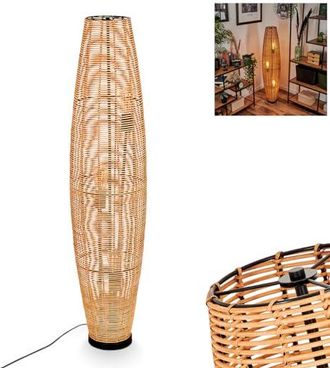 HOFSTEIN Mulstrand Lampadaire moderne en m&eacute;tal/rotin noir/naturel, lampe au design boh&egrave;me abat-jour en grille, interrupteur marche/arr&ecirc;t sur le c&acirc;ble et effet 