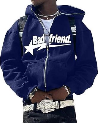 ORANDESIGNE Sweats &agrave; Capuche Homme Y2K Full Zipp&eacute; Veste &agrave; Capuche Vintage Gothic Pull Mode Oversize Streetwear avec Poche Imprim&eacute; Sweatshirt Casual Hoodies Unisex