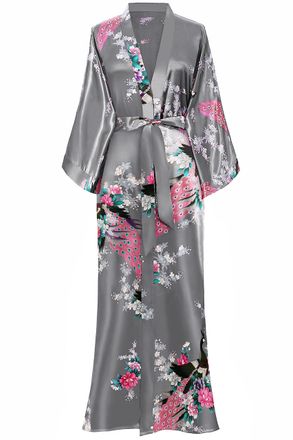 Babeyond Damen Morgenmantel Maxi Lang Satin Sommer Kimono Blumen Muster Gedruckt Bademantel Kimono Strickjacke Damen Lange Robe Blumen Schlafmantel Girl Pajama