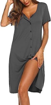 Ekouaer Chemise de Nuit Femme Manche Courte Allaitement Maternit&eacute; Bouton Robe de Nuit Grande Taille, Gris Fonc&eacute;, XXL