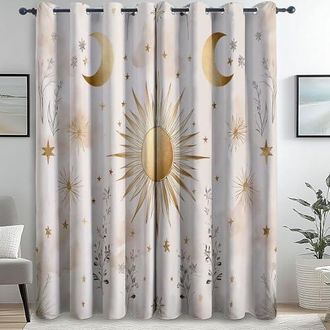 Generic Rideau Occultant Thermique Isolant Anti Froid et Chaleur Bohême Soleil Lune Beige Or Tenture Opaque à Oeillets Isolation Lumiere UV Decoration Chambre