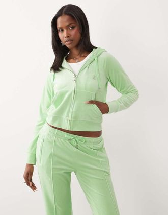 Juicy Couture Velours-Kapuzenjacke in Gr&uuml;n mit Strass-Logo, Kombiteil