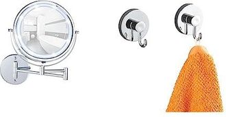 WENKO Power-Loc LED Wandspiegel Lumi, 5-Fach Vergr&ouml;&szlig;erung, Spiegelfl&auml;che &Oslash; 17,5 cm & Vacuum-Loc Wandhaken im 2er Set, Handtuchhalter, Haken f&uuml;r Handt&uuml;cher u
