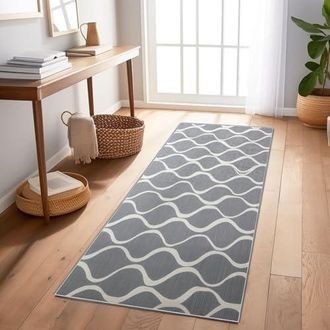 Generic Tapis De Couloir Moderne 60X240 Cm Style Moderne Courbes Structure Géométrique Gris - Tapis Lavable Antidérapant Long Et Étroit, Parfait pour Entrée, 