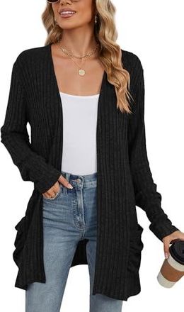Feoya Femme Cardigan Ouvert Manches Longues Gilet Casual Chaud Gilet Manche Longue Adulte Femme Veste Ouverte Automne Noir XXL