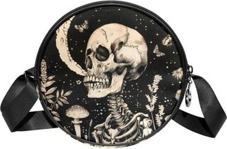 Generic Petit sac &agrave; bandouli&egrave;re circulaire pour femme, motif cr&acirc;nes, fleurs, petit sac &agrave; bandouli&egrave;re avec fermeture &eacute;clair, bretelles r&eacute;glables, sac &agrave; main ro