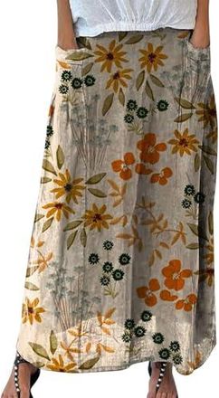 Generic Jupe en lin avec poche &eacute;lastique &agrave; la taille et motif floral pour femme, Orange, XXL