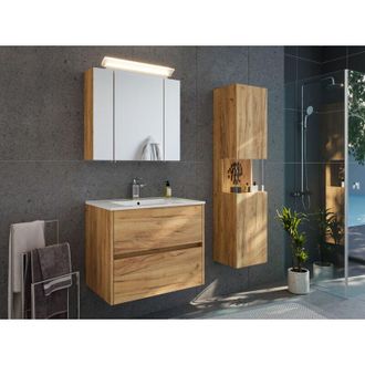 Magnolia Home Badm&ouml;belset Taifun 70cm 3tlg mit Spiegelschrank und Seitenschrank eiche gold