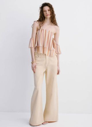 Mango Blouse &agrave; rayures et volants &eacute;cru - Femme - S - MANGO