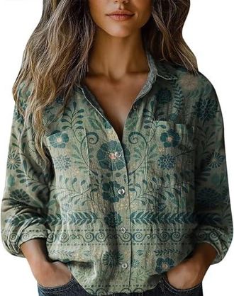 Generico Chemise Femme &Eacute;l&eacute;gant Manches Longues T Shirt Coton Et Lin D&eacute;contract&eacute; Respirant Chemisier Col en V Classique Blouse Vintage Fantaisie avec Boutons L&eacute;