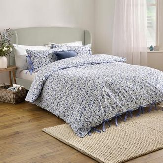 furn. Wylder Nature Hannah Bettbezug-Set - Bettw&auml;sche aus 100% getrommelter Baumwolle mit Blumenmuster und Schleifenverschl&uuml;ssen (Blau - Einzelbett)
