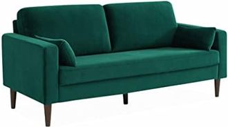 Sweeek Alices Home - Canap&eacute; en Velours Vert Anglais - Bjorn - Canap&eacute; 3 Places Fixe Droit Pieds Bois dh&eacute;v&eacute;a Effet Bois de Noyer