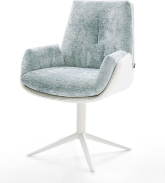 DELIFE Drehstuhl Clea-Flex Materialmix Echtleder Weiß-Pastellblau Fußkreuz Weiß 360° drehbar Wippfunktion, Esszimmerstühle