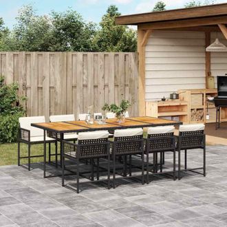 vidaXL 9-tlg. Garten-Essgruppe mit Kissen Schwarz Poly Rattan vidaXL
