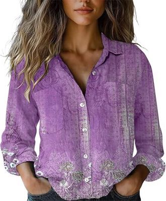 Generico Chemise Femme d&Eacute;t&eacute; Curvy Manches Longues Chemises Coton Et Lin D&eacute;contract&eacute; Respirant Blouse Col en V L&eacute;ger T Shirt Vintage Imprim&eacute; avec Boutons Classi