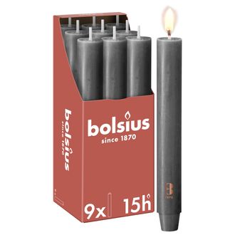 Bolsius Bolsius - Stabkerze XL Rustik - 23 x 3 cm - antrazit - im Karton zu 9 St&uuml;ck - L&auml;nge Brenndauer 15 Stunden - Unparf&uuml;mierte - Enth&auml;lt Nat&uuml;rliches Pflanz