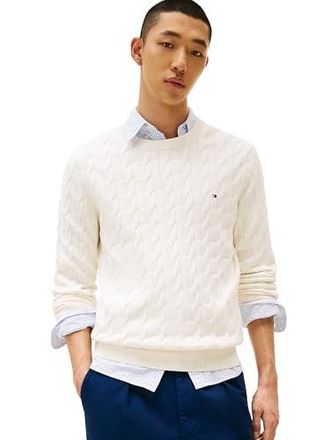 Tommy Hilfiger Cable Knit Crewneck Sweater Lightweight Pullover Pull-Over, P&eacute;tale Ivoire, S Homme