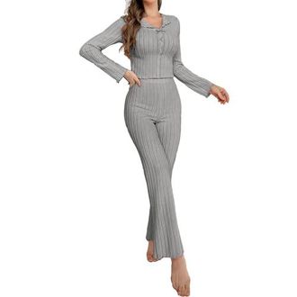 Generic Pyjama Femme Deux Pièces Ensemble Nuit Décontracté Col Chemise Noeud Pull Manches Longues Épais Lounge Tendance