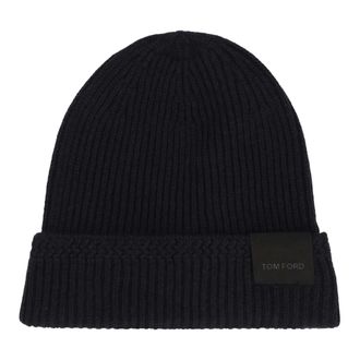 Tom Ford Homme, Accessoires, Bleu, Taille: M Bonnet en Cachemire Côtelé avec Logo