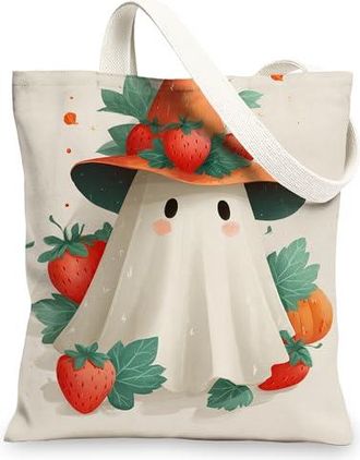 Generic Sac fourre-tout en toile motif fantôme mignon, adorable motif fraise, sacs de courses réutilisables, légers, respectueux de lenvironnement, lavables à
