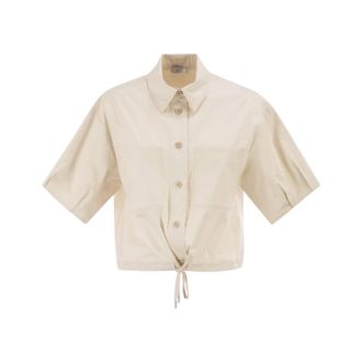 PESERICO Cropped Stretch Cotton Shirt With Drawstring - - Blouses & Shirts - Damen - Beige - M