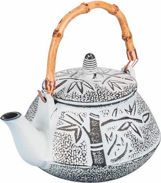 Villa D'Este Home Tivoli Teekanne 800 ml aus Gusseisen Bambusgriff Sieb Edelstahl weiß