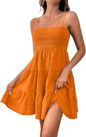 Generic Robe d&eacute;t&eacute; caraco sans manches pour femme - Mini robe mignonne &agrave; bretelles spaghetti pour adolescentes, &eacute;t&eacute;, rendez-vous galant, 1C-Orange, XXL