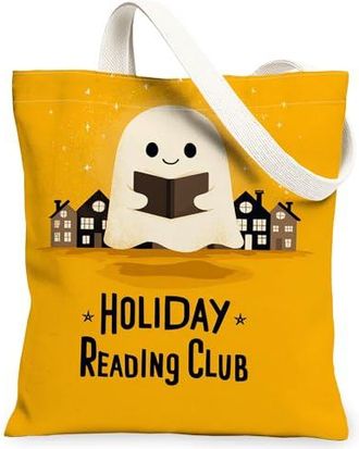 Generic Sacs fourre-tout en toile motif fant&ocirc;me de vacances, sacs d&eacute;picerie r&eacute;utilisables, l&eacute;gers et lavables avec bandouli&egrave;re, jaune, 13x15 Inch