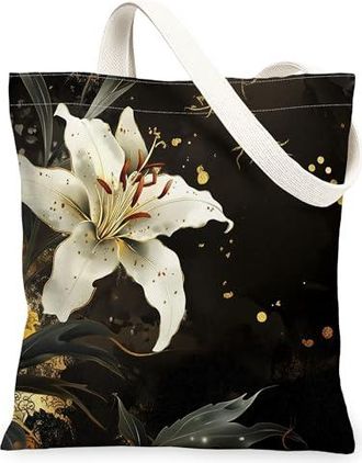 Generic Sac fourre-tout en toile de lys japonais pour le shopping, 33 x 38 cm, sac d&eacute;picerie r&eacute;utilisable pour femme, motif floral cool, peinture esth&eacute;tique, 
