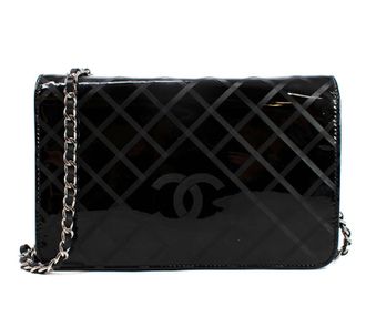 Chanel Black Diamond Patent Wallet on Chain