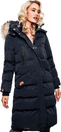 Marikoo lange Damen Winterjacke warmer Parka gesteppt mit Kapuze B890 [B890-Schneestern-Navy-Gr.XS]
