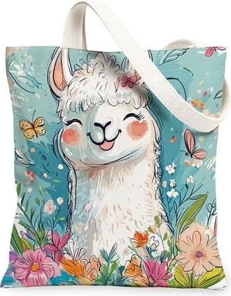 Generic Sac fourre-tout en toile motif lama alpagas printaniers 33 x 38 cm, sac d&eacute;picerie r&eacute;utilisable pour femme, peinture animale, d&eacute;coration cadeau