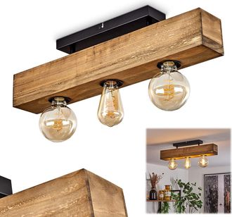 HOFSTEIN Deckenleuchte Berat, längliche Deckenlampe aus Metall/Holz in Schwarz/Dunkelbraun, moderne Leuchte mit Holzbalken, 3-flammig, 3 x E27, ohne Leuchtmitt