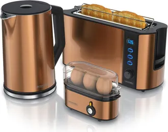 Arendo Fr&uuml;hst&uuml;cksset, Wasserkocher 1,5l, 2-Scheiben Toaster Langschlitz, 3er Eierkocher, Kupfer - Arendo