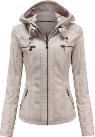 Generic Veste bomber courte en similicuir pour femme avec capuche amovible, grande taille, ecru, 3XL