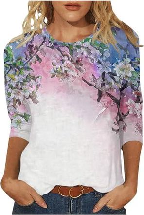 Generic Hauts pour femmes UK T-shirt dété à col rond et imprimé floral ample décontracté à manches 3/4 pour femme, rose vif, 4XL